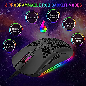 Wired Lightweight Gaming Mouse,6 RGB Backlit Mouse with 7 Buttons Programmable Driver,6400DPI Computer Mouse,Ultralight Honeycomb Shell Ultraweave Cable Compatible with PC Gamers,Xbox,PS4 (black)