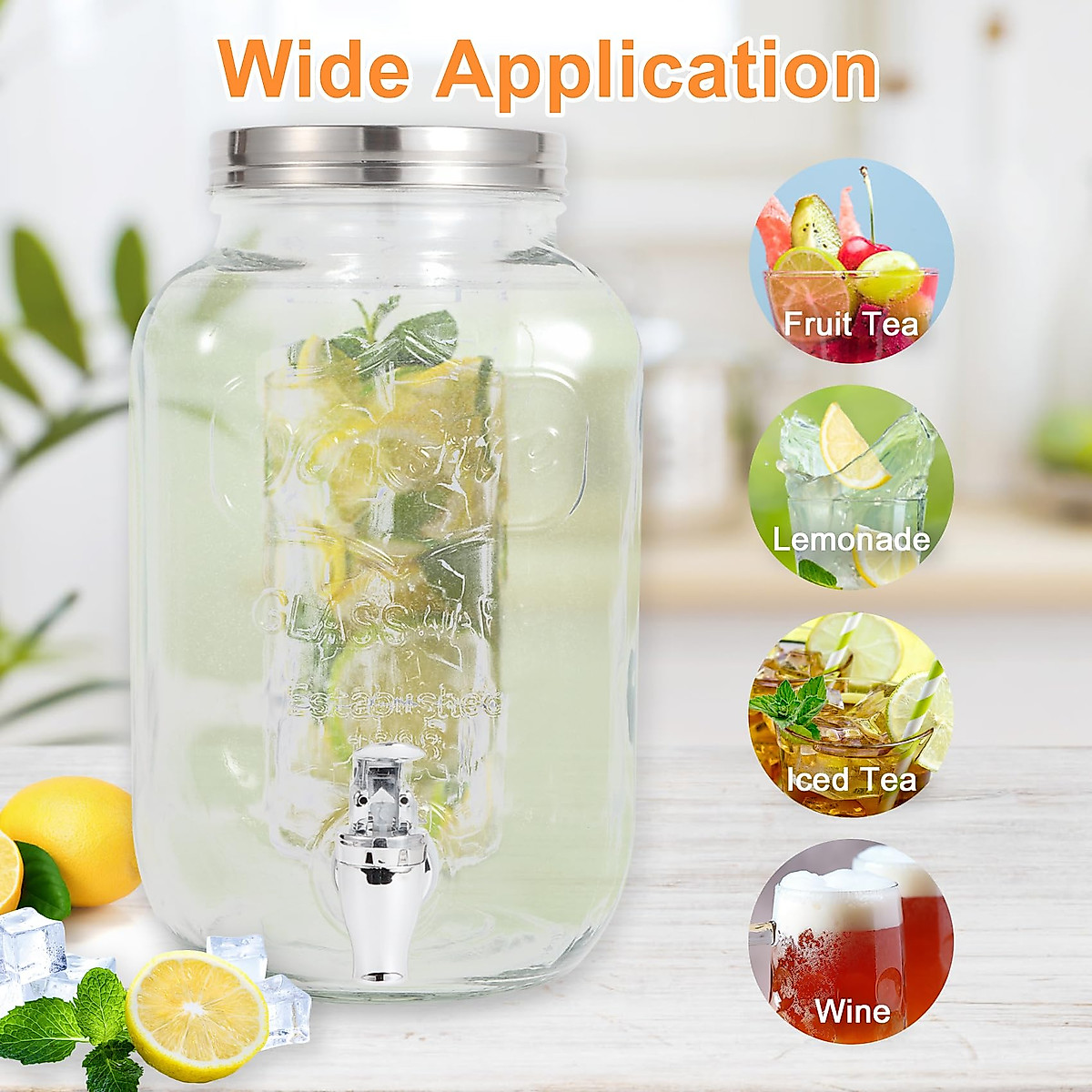 1 Gallon Glass Drink Dispensers For Parties-Set of 2,Drink Dispenser with Ice Core,Fruit Infuser & Stand,Juice or Beverage Dispenser for BBQ, Picnic, Party,Laundry Detergent Dispenser