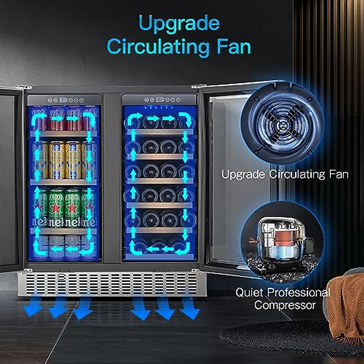 AAOBOSI Wine and Beverage Refrigerator,30 Inch Dual Zone Wine Cooler Built-in or Freestanding-Hold 28 Bottles and 80 Cans Wine Beverage Fridge with Soft LED Light,2 Safety Locks,Stainless Steel