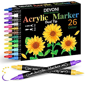 DEYONI Dual Tip Acrylic Paint Pens, 26 Colors, Medium and Brush Tips, Ideal for Rock Painting, Ceramic, Wood, Plastic, Calligraphy, Scrapbooking, Card Making, DIY Crafts
