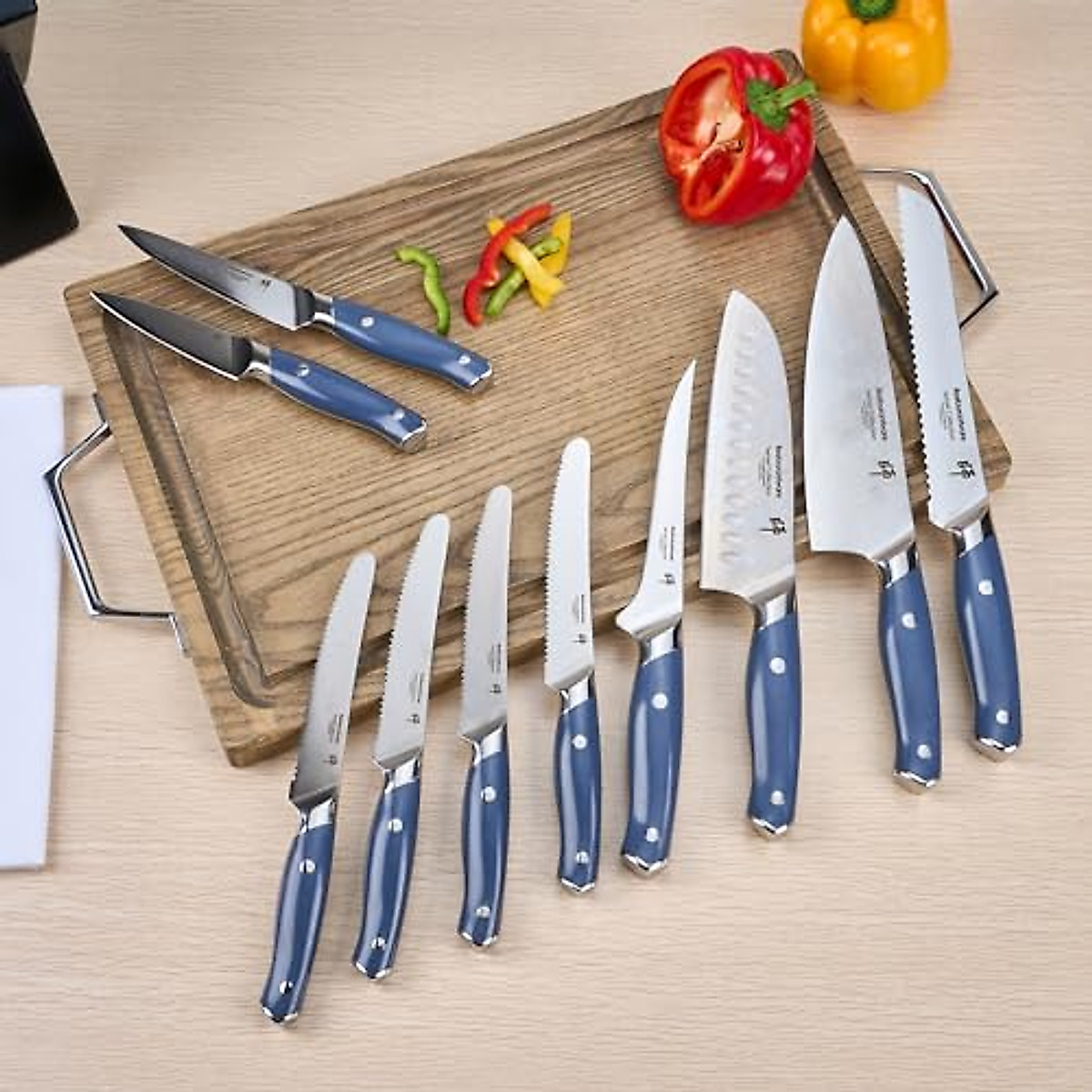 Restaurantware Sensei 10-Piece Knife Set 1 Sharp Professional Knife Set For Chefs - Damascus Steel 67 Layers Blue German Steel Steel Knife Set Ergonomic Handle For Multi Purpose Kitchen Use