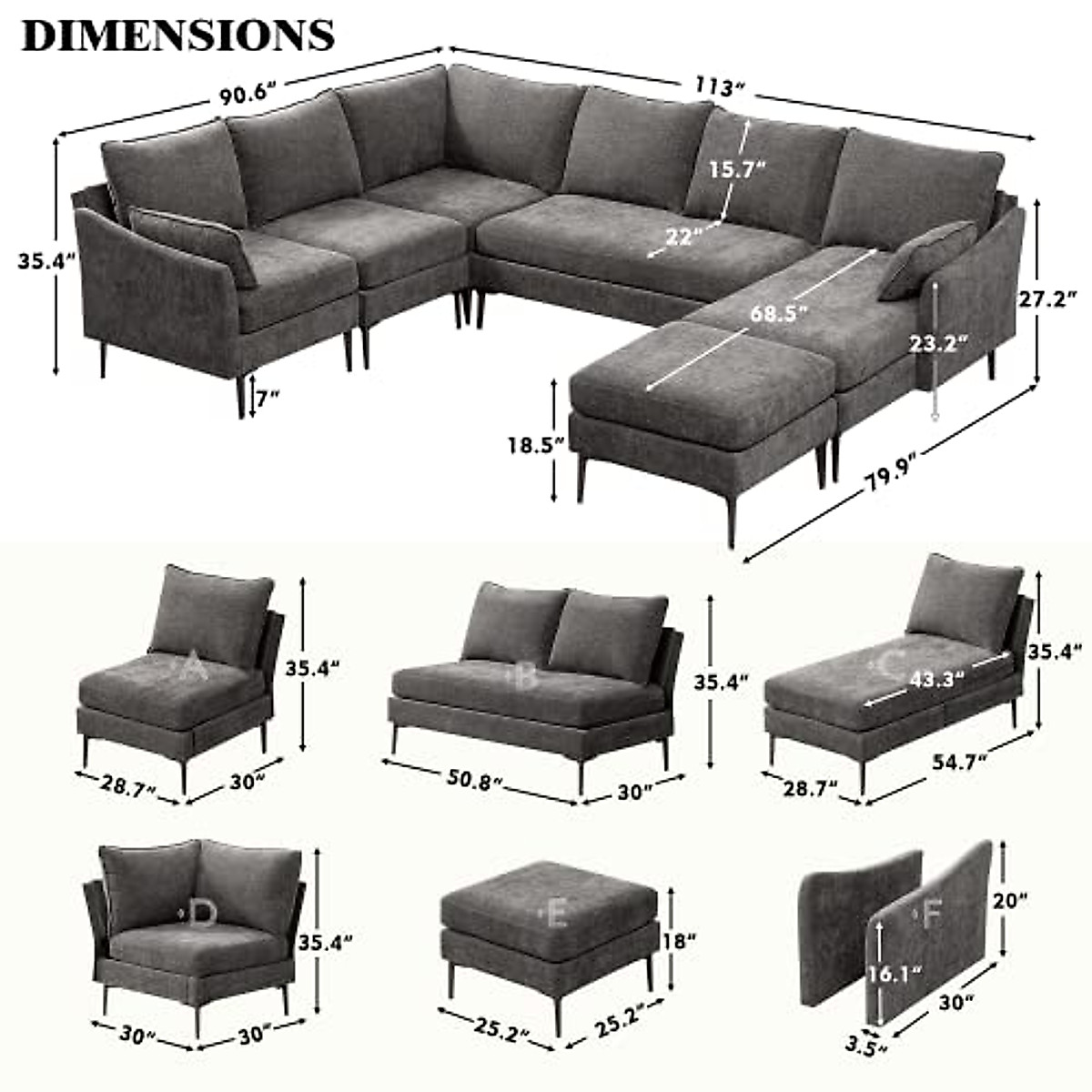 MELLCOM Modern U Shaped 6-seat Sectional Sofa Couch, Convertible Chenille Modular Sofa, Reversible Sleeper Couch with Chaise Lounge and Ottoman for Living Room, Grey