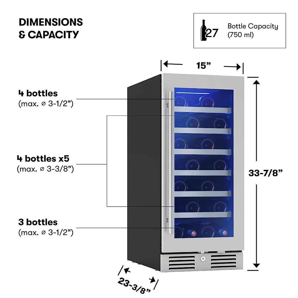 Zephyr Presrv 15 Inch Wine Fridge Single Zone Under Counter - Slim Narrow Wine Cooler Cellars Small Cabinet Wine Refrigerator Home Bar Chiller Freestanding with Glass Door - 27 x 750ml Bottles