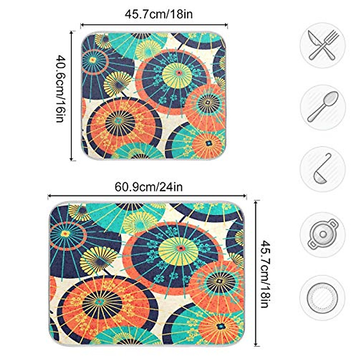 Japanese Theme Umbrella Dish Drying Mat 24"x18" Absorbent Machine Washable Hanging Fast Dry Pad Dish Protective Mat for Kitchen Countertop Heat Resistant Dinner Table Mat