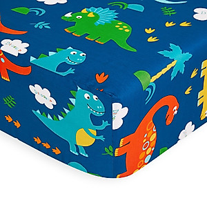 Wake In Cloud - Dinosaur Bed Sheets for Boys, 100% Cotton, 4-Piece Sheet Set Kids, Cute Jurassic Dinosaur Velociraptor Animal Pattern Printed Bedding, Deep Pocket, Navy, Full Size