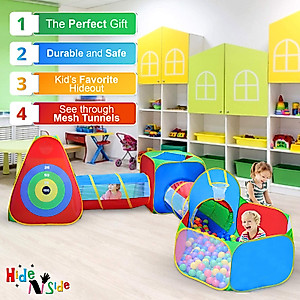 Hide N Side 5pc Kids Ball Pit Tents and Tunnels, Toddler Jungle Gym Play Tent with Play Crawl Tunnel Toy, for Boys Babies Infants Children, Indoor Outdoor Gift, Target Game w/ 4 Dart Balls