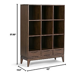 SIMPLIHOME Harper SOLID HARDWOOD 42 Inch Mid Century Modern Cube Storage Bookcase with Drawers in Walnut Brown, For the Living Room, Study Room and Office