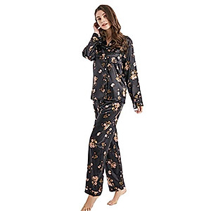 Tony & Candice Women's Classic Satin Pajama Set Sleepwear Loungewear (Black with Flower Pattern, Small)