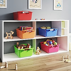 Zilpoo 5 Pack - Plastic Book Bins for Classroom Library, Cubby Shelf Toy Storage Organizer Box with Handles, Bulk Teacher Supplies Holder, Colored