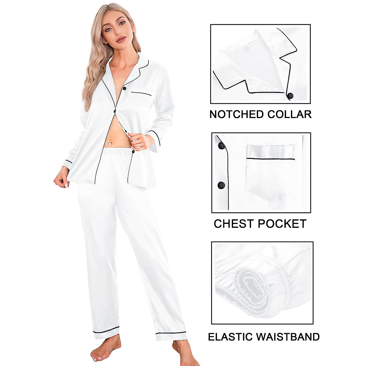 SWOMOG Women's 7 Pcs Silk Satin Pajamas Set Long Sleeve Button Down Sleepwear Cami Shorts Pjs Set with Eye Mask White XX-Large