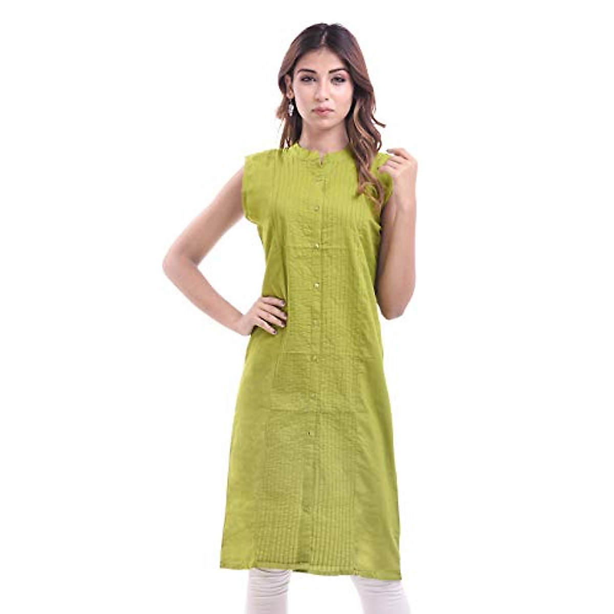 Chichi Indian Women's Cotton Plain Green Kurti Sleeveless Top