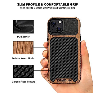TENDLIN Compatible with iPhone 13 Case Wood Grain with Carbon Fiber Texture Design Leather Hybrid Case Compatible for iPhone 13 6.1-inch Released in 2021 Black