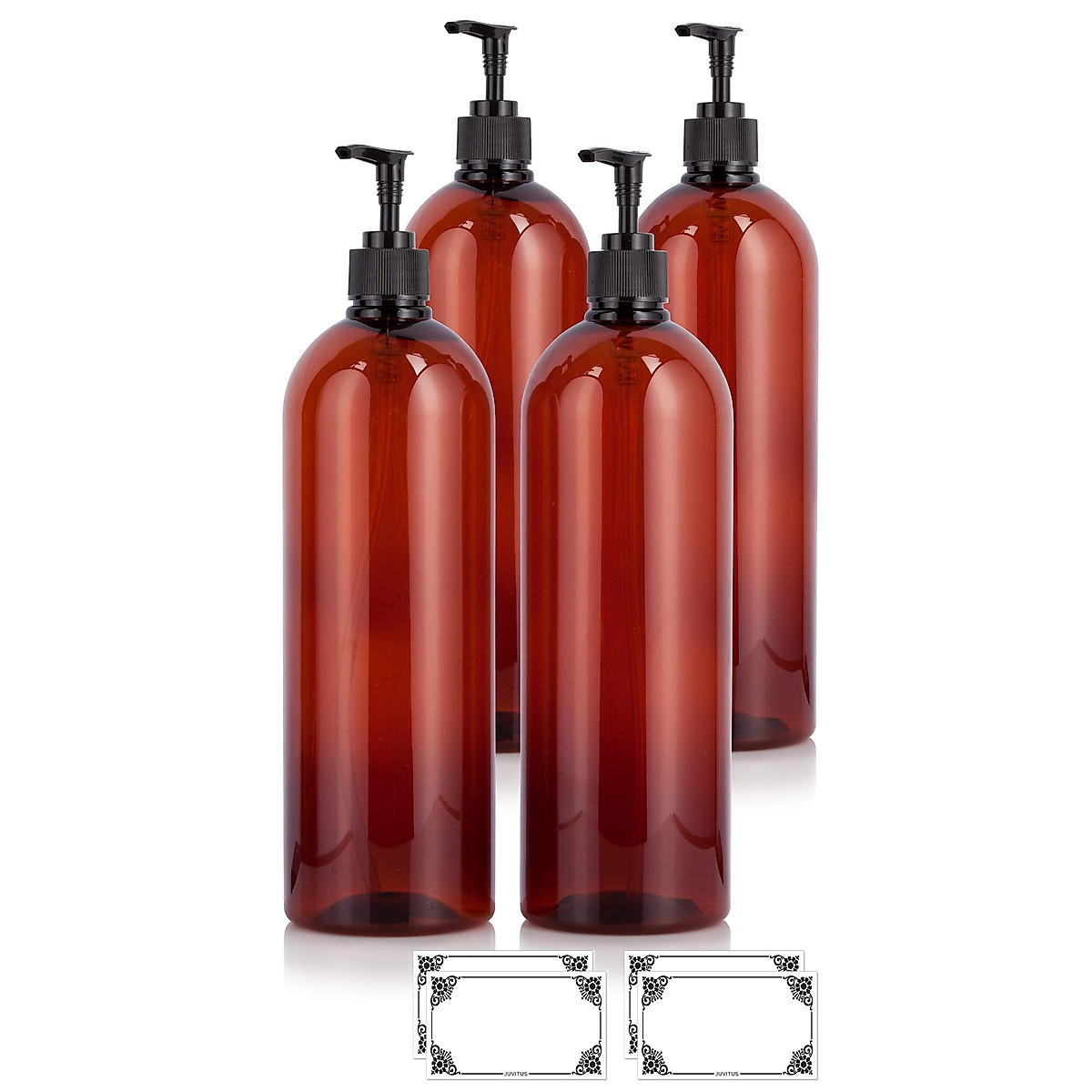 32 oz Amber Large Boston Round PET Plastic Bottles (BPA Free) with Black Lotion Pump (4 Pack) + Labels