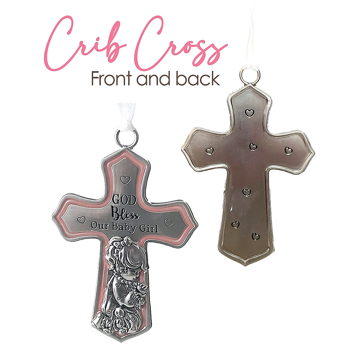 Christening Gifts for Girls, Catholic Baptismal Gifts for Girls, Ornate Crib Cross Baby Girl, Baby Shower Crib Medal Praying Girl, God Bless Our Baby Girl Nursery Wall Cross Décor