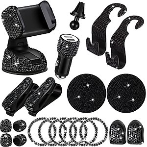 Tallew 20 Pcs Bling Car Accessories for Women, Rhinestone Car Accessories Set, Bling Car Phone Holder Mount, Bling Dual USB Car Adapter, Bling Car, Bling Glasses Holders(Black)
