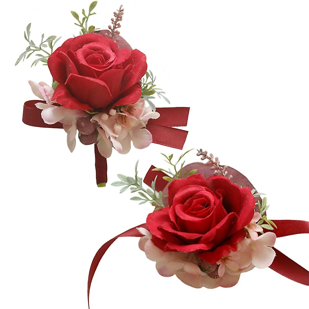 MAFELOE 2 Pieces of Wrist Corsage and Boutonniere Set, Artificial Flowers Accessories Suit Decor for Wedding Prom Party Homecoming Ceremony Anniversary -Red+Pink
