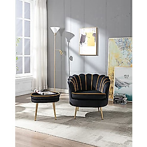 Modern Velvet Accent Chair with Ottoman Set, Upholstered Tufted Barrel Chair Leisure Chair with Footrest and Metal Legs for Living Reading Room Bedroom Office (Black)