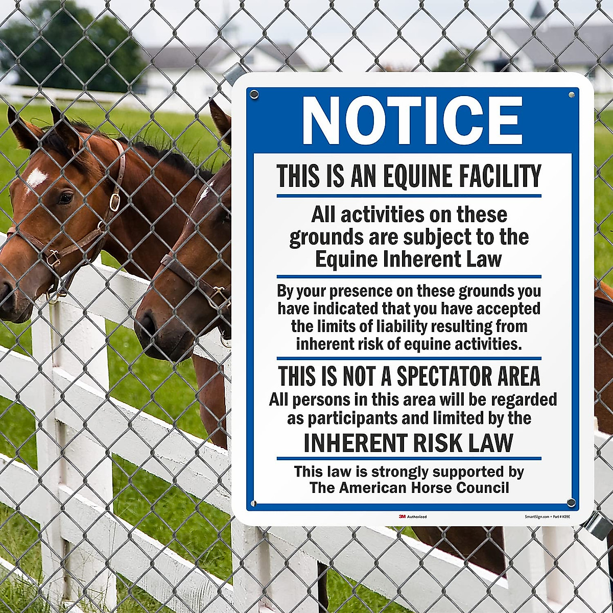 SmartSign 30" x 24" 'Notice - This Is An Equine Facility, Not A Spectator Area, Inherent Risk Law' Sign, 80 mil Aluminum, 3M Laminated Engineer Grade Reflective, Blue/Black/White, USA-Made