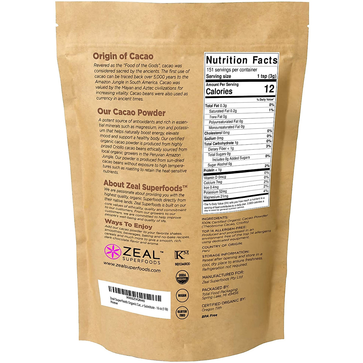 Zeal Superfoods Organic Cacao Powder - Raw, Heirloom Criollo, Top 8 Allergen-Free, Cold-Pressed, Unsweetened, Non-Alkalized, Vegan, Gluten-Free, Keto, Paleo, Kosher, Nutrient-Rich Superfood - Cocoa Powder Substitute - 16 oz (1 lb)