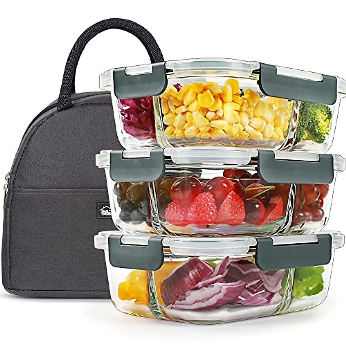 DAS TRUST 3 Pack Bento Box Glass Meal Prep Containers with 3 Compartments and Lids - Glass Food Storage Lunch Box