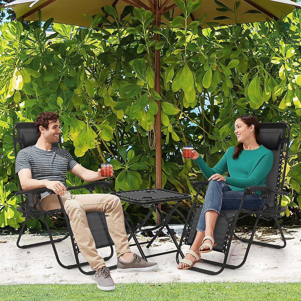 MoNiBloom Table and Patio Chairs Set of 3, Outdoor Adjustable Zero Gravity Folding Breathable Mesh Reclining Lounge Chairs with Pillow and Side Tray, 330lbs Capacity - Black