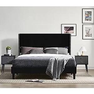 Anwickmak Modern Queen Bed Frame, Velvet Upholstered Wingback Platform Bed Frame Queen Size with Headboard, Low Profile Bed Frame, Sturdy Wooden Slats, Noise-Free, No Box Spring Needed (Black)