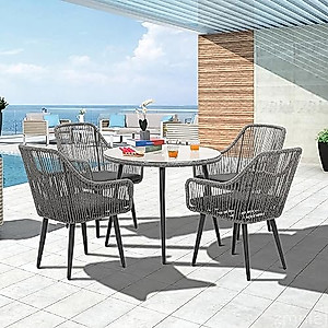 Patiorama 5-Piece Patio Dining Set, Outdoor Dining Table Chair Set, All-Weather Twisted Rattan Wicker Rope Conversation Set, Patio Furniture Set w/Umbrella Hole, 4 Cushioned Chairs&Glass Table(Gray)