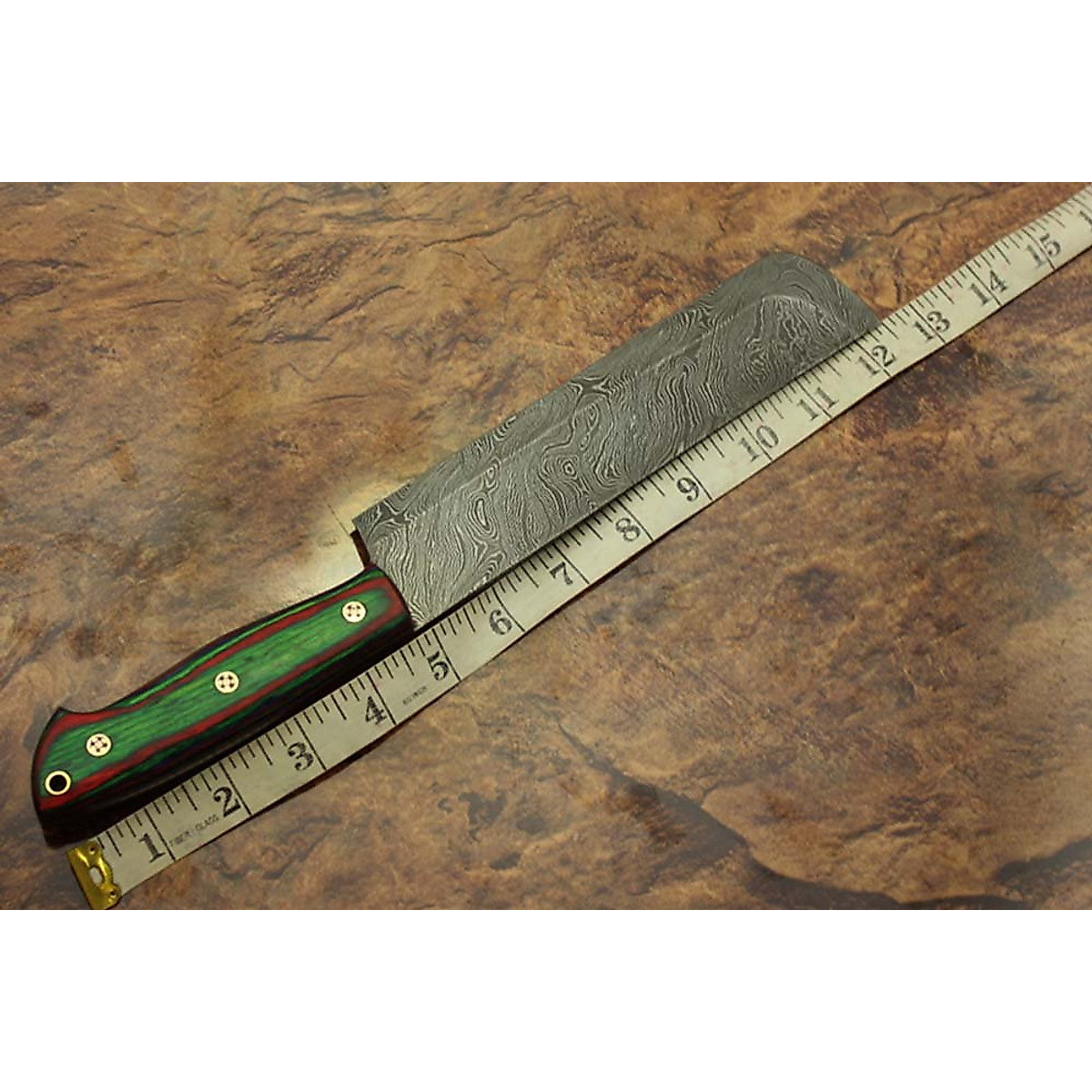 12.5" hand forged Damascus steel Nakiri knife, kitchen knife, vegetable knife, 2 tone Green & Maroon wood scale, Cow hide Leather sheath with belt loop