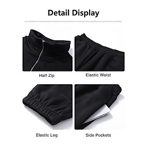Kissonic Womens Two Piece Outfits Tracksuit Sets Half Zipper Fleece Joggers 2 Piece Long Sleeve Sweatshirts Jogger Pant(Black-L)
