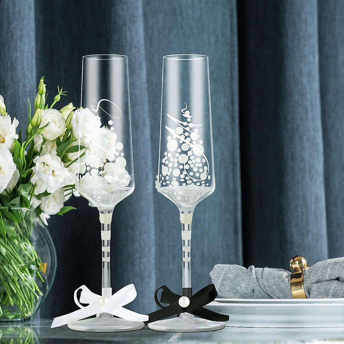 Personalized Mr and Mrs Wedding Champagne Flutes with Long Stem,Handcraft Bridal Shower Gift,Cute 7oz Bride and Groom Toasting Glass Set of 2, Unique Gift for Anniversary, Engagement Gifts for Couples