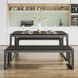SHA CERLIN 3-Piece Dining Table Set with 2 Benches, Rustic Kitchen Table Set for 4-6, Space-Saving Dinette, Sturdy Structure, Easy Assemble, Black/Grey