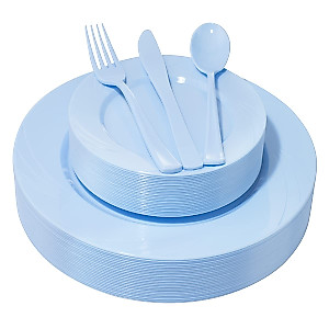 YOUBET 125Pieces Blue Plastic Plates - Blue plates with Blue Silverware Disposable - Include 25 Dinner Plates 25 Dessert Plates 25 Forks 25 Knives 25 Spoons for Birthday Parties &Wedding