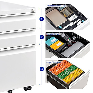 LVSTEEL 3 Drawer Mobile File Cabinet with Lock, Under Desk Metal Filing Cabinet for Home Office fits Legal/Letter/A4 File, Fully Assembled Except Wheels, White