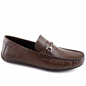 MJNY Mens Casual Comfortable Genuine Leather Lightweight Driving Moccasins Classic Fashion Buckle Loafer Slip On Breathable Driving Loafer Brown Grainy 13