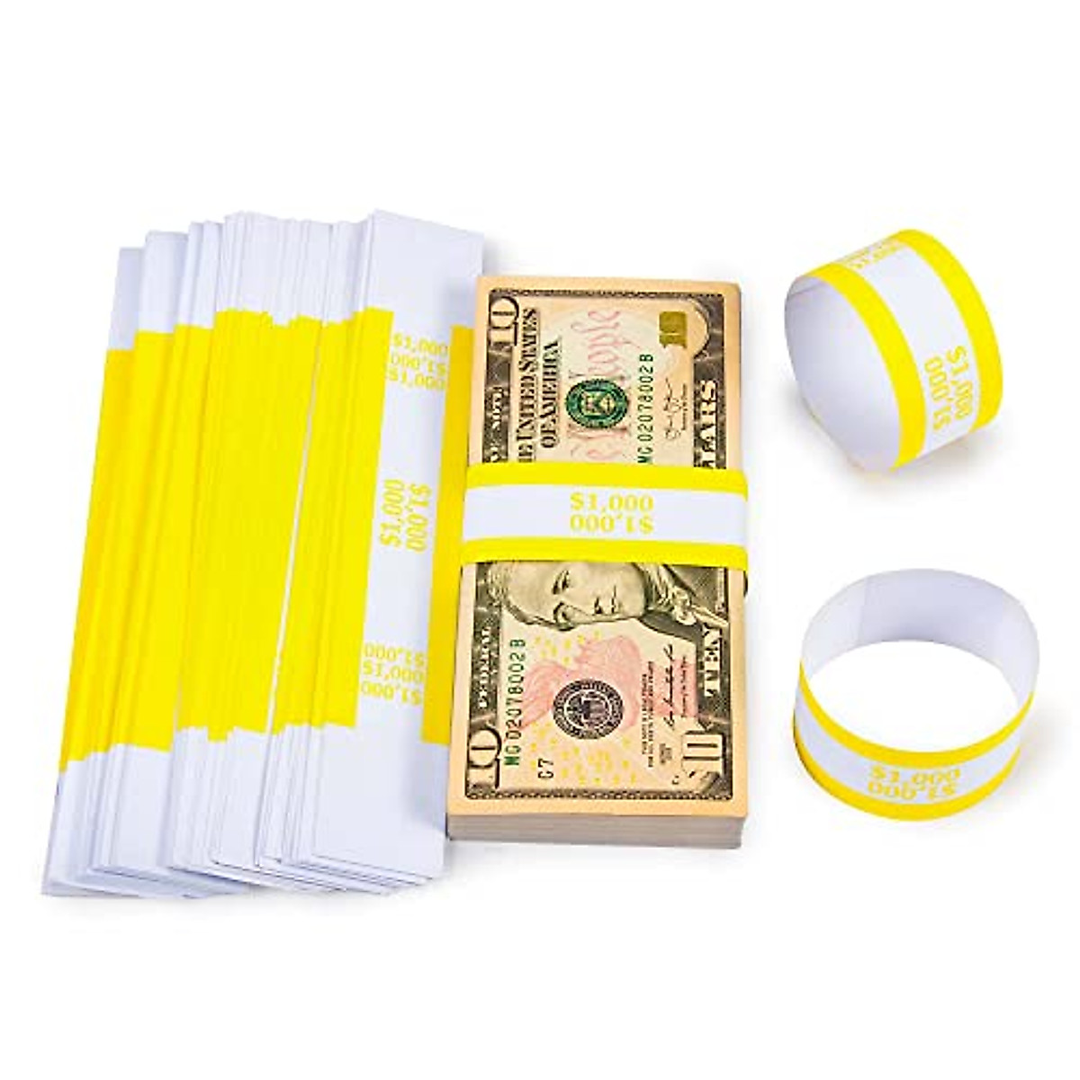 L LIKED Pack of 100 Currency Band Bundles Self Sealing Currency Straps Bands Money Bill Wrappers (Yellow $1000-100 PCS)