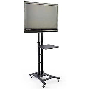 Displays2go TV Stand with Shelf, Holds 32 to 70 Inch Flat Screen Monitor, Height Adjustable and Tilting – Black (MBTVSBK2SS)
