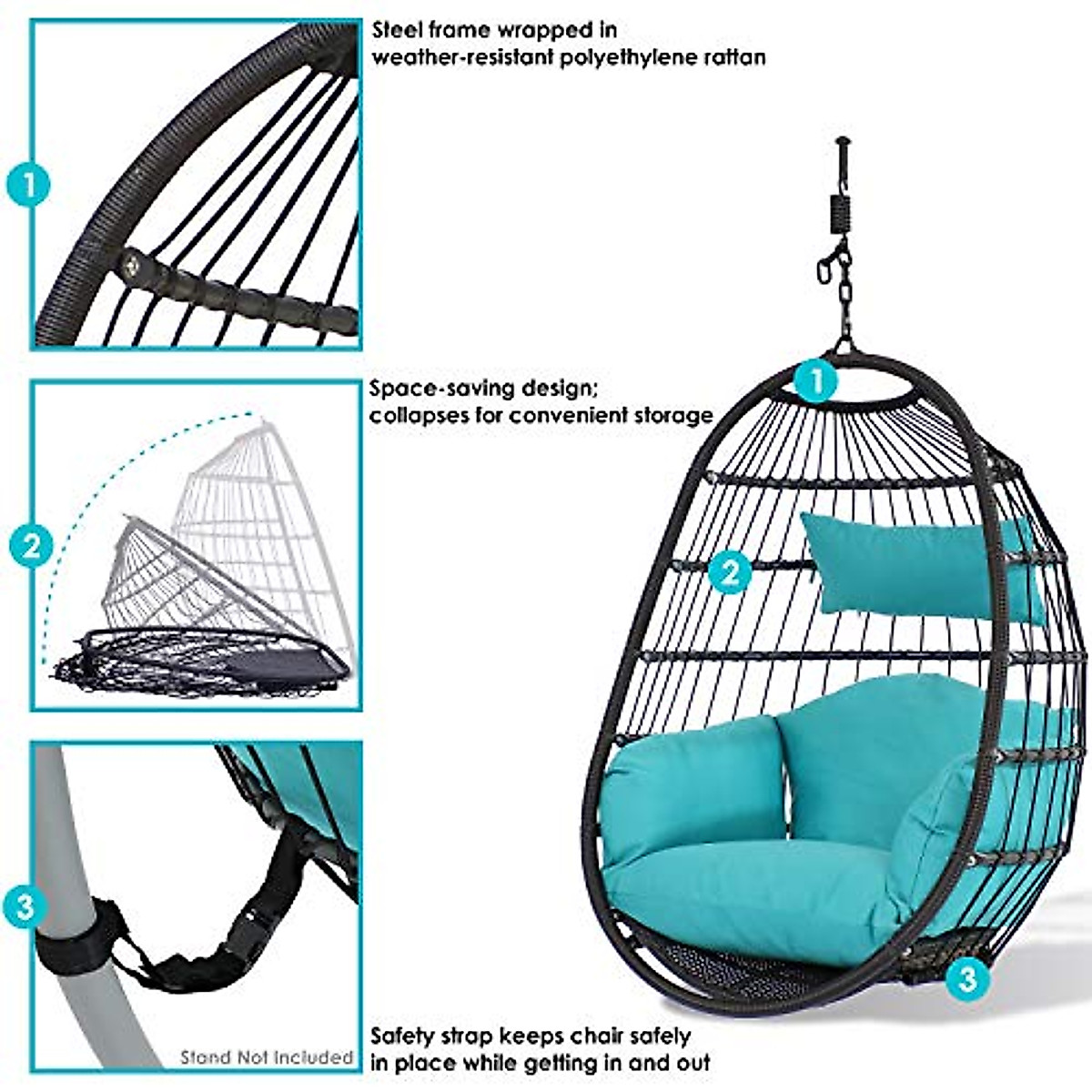 Sunnydaze Penelope Black Steel and Polyethylene Wicker Hanging Egg Chair with Turquoise Polyester Seat Cushions - Bohemian Single Lounge Chair Swing - Collapsible Nylon Rope Back - 45-Inch Tall