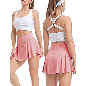 RIOJOY Tennis Skirts for Women with Pockets Inner Shorts Cross High Waisted Golf Athletic Running Workout Sports Outfits(A# V-Waist Pink,M)
