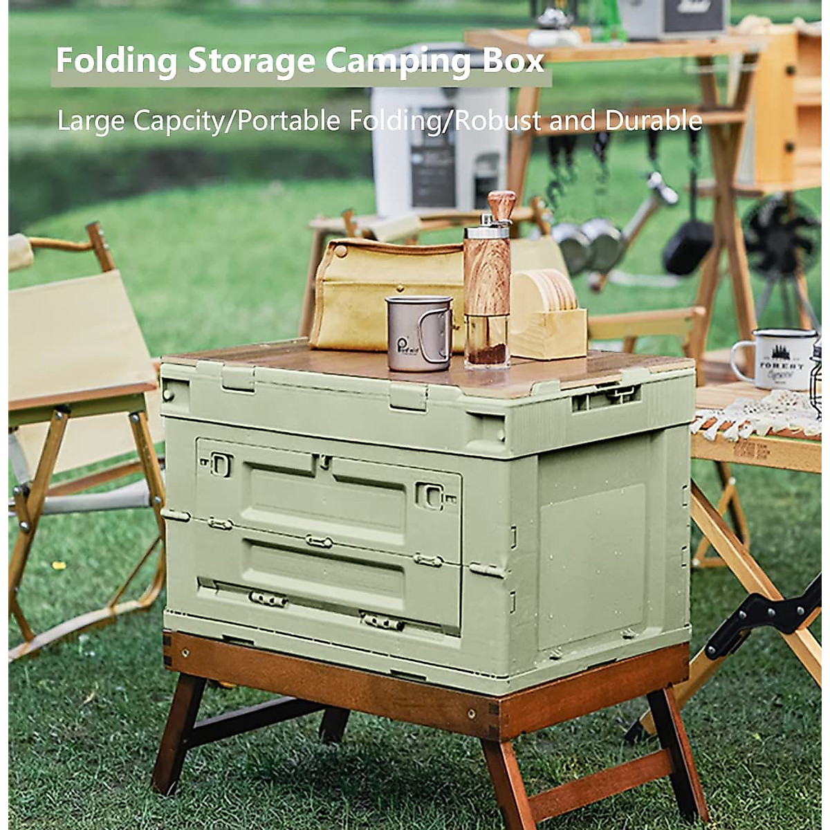 VPTMRP 50L Large Capacity Camping Storage Box with Wooden Lid Foldable 3-Door Utility Box for Home Outdoor, Portable Camping Items Storage Bin