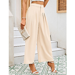 KOJOOIN Women High Waisted Wide Leg Palazzo Pants, Flowy Pants for Women Loose Fit Elastic Waist Pleated Trousers Comfy Elegant Business Casual Straight Leg Dress Pants Beige XL