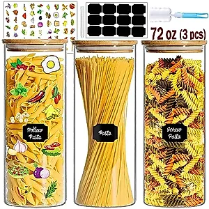 BGraceyy Glass Jars with Bamboo Lids, 72 oz 3 Pcs Kitchen Glass Containers with Bamboo Lids, Airtight Glass Pantry Storage Containers with Lids for Spaghetti, Pasta, Rice, Nuts, Flour, Bean, Dry Foods