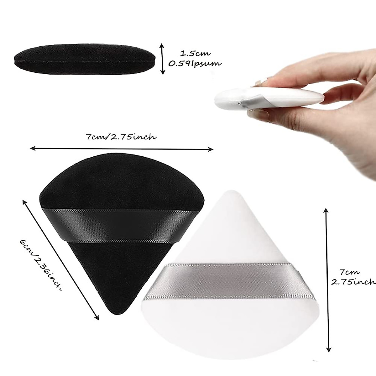 Triangle Powder Puff Makeup Puffs, 6 Pcs Ultra Soft Cotton Velour With Strap, Designed for Contouring,Under Eyes and Face Corners,Body Loose Powder Blending ​(White, Black)