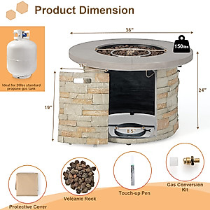 Giantex Propane Gas Fire Pit Table - 2-in-1 Outdoor 36” Round Fire Table W/Volcanic Rock & PVC Cover, Stainless Steel Burner, 50,000 BTU Heat Output, Faux Stone Surface Outside Fireplace for Patio