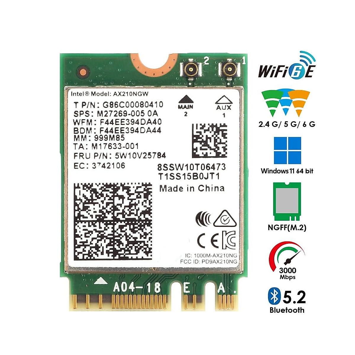 Y5 AX210NGW AX210 WiFi 6E Gig+ M.2 2230 A/E Key Module, MU-MIMO Tri-Band Wi-Fi Card with Bluetooth 5.2. Support Windows 10/11 64bit.
