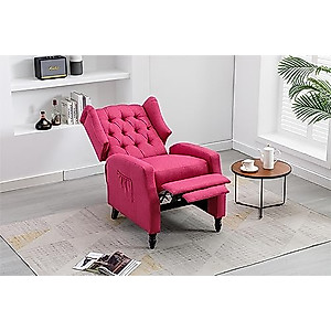 Arm Pushing Recliner Chair, Modern Button Tufted Wingback Manual Push Back Recliner Chair with Wood Leg & Side Pocket, Upholstered Living Room Chair Single Reclining Sofa Home Theater Seating Rose Red