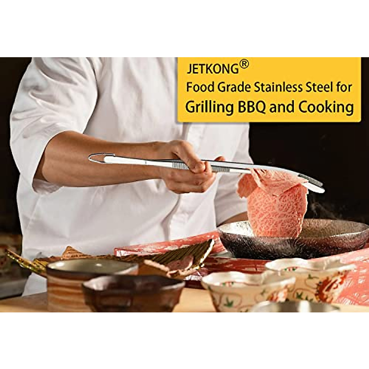 JETKONG 12-Inch Kitchen Tweezer Tongs Stainless Steel Cooking Tweezers Curved Tips Tweezers for Cooking, Grilling and Repairing