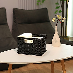 HOONEX Large Wicker Baskets for Storage, Woven Plastic Baskets for Organizing with Dual Handles, Baskets for Storage, Set of 3, Black