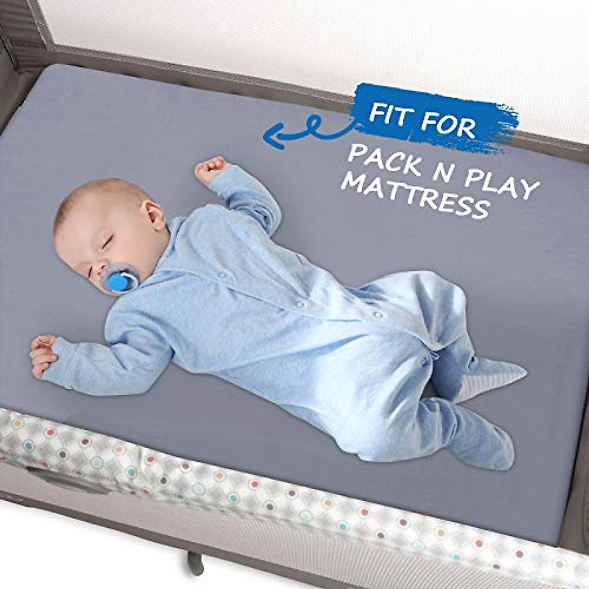 Pack n Play Sheets Fitted 2 Pack for Dream On Me Play Yard, Mini Crib Sheets Set for Baby Girls Boys, Portable Playard Sheet, Ultra Soft Microfiber Pack n Play Mattress Sheet, Grey and Navy