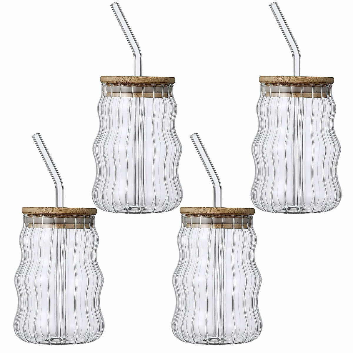 MISNODE 4 PCS Drinking Glasses with Wood Lids and Glass Straw, 16.9 oz Glass Cups Beer Can Glass Ice Coffee Cup Creative Tumbler with Lid and Straw for Home Office Bar Restaurant