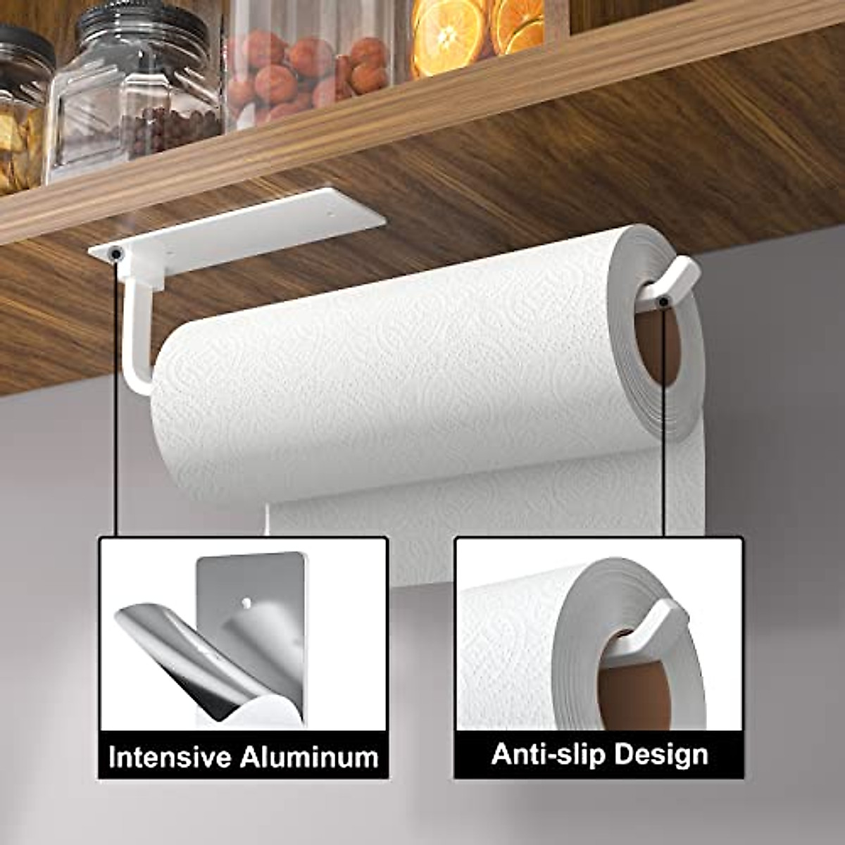 Paper Towel Holder - Self-Adhesive or Drilling, White Wall Mounted Paper Towel Rack Under Cabinet for Kitchen, Upgraded Aluminum Kitchen Roll Holder - Lighter but Stronger Than Stainless Steel!